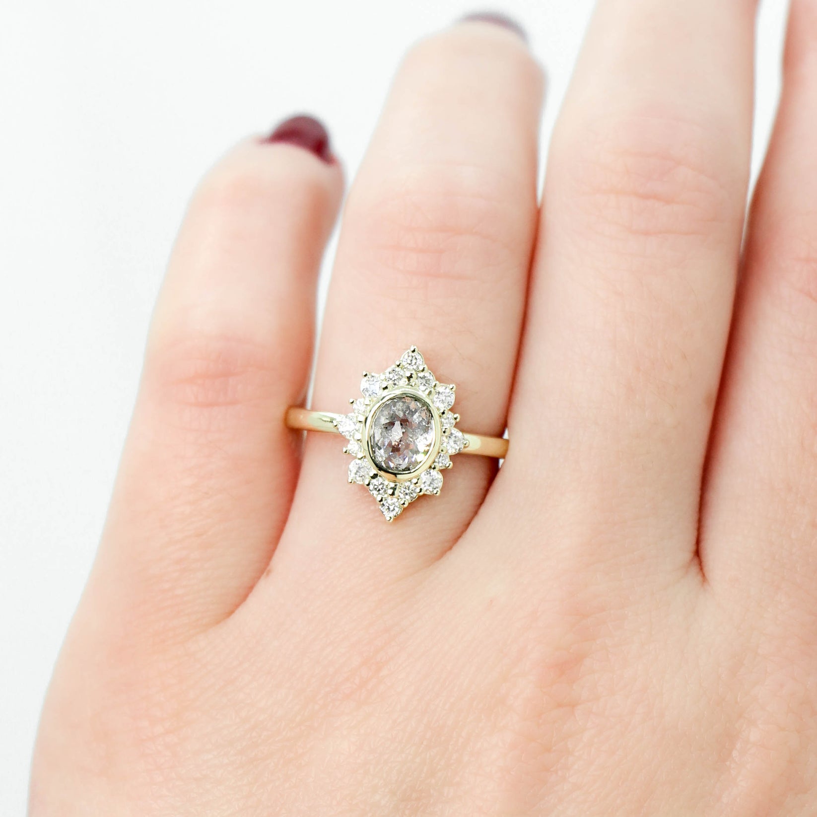 Estrella Ring with a 1.06 Carat Gray Salt and Pepper Oval Diamond and ...