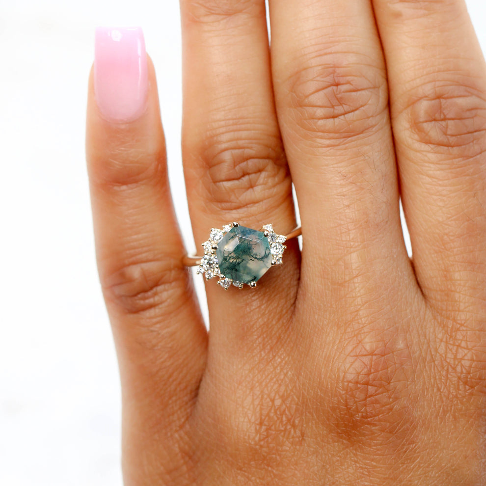 Orion Ring with Hexagon Moss Agate | Unique Celestial Design ...