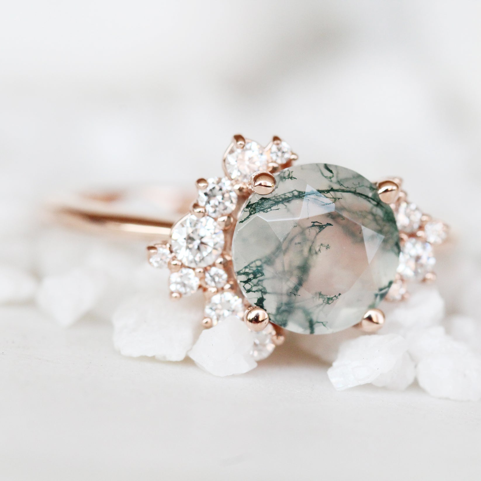 Orion Ring with a Round Moss Agate and White Accent Diamonds - Made to ...
